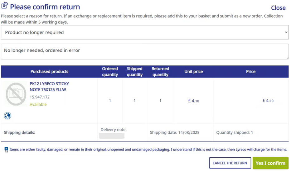 How do I return an item or an order? – Lyreco Help Centre